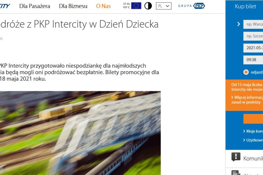 Bezpłatne podróże z PKP Intercity w Dzień Dziecka 1 czerwca 2021 - Turysta.org